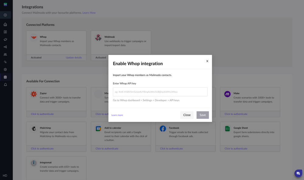 Sending emails with Whops new email integration - Mailmodo