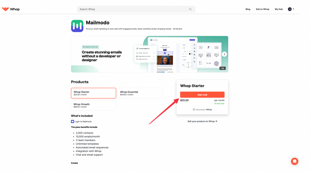 Sending emails with Whops new email integration - Mailmodo