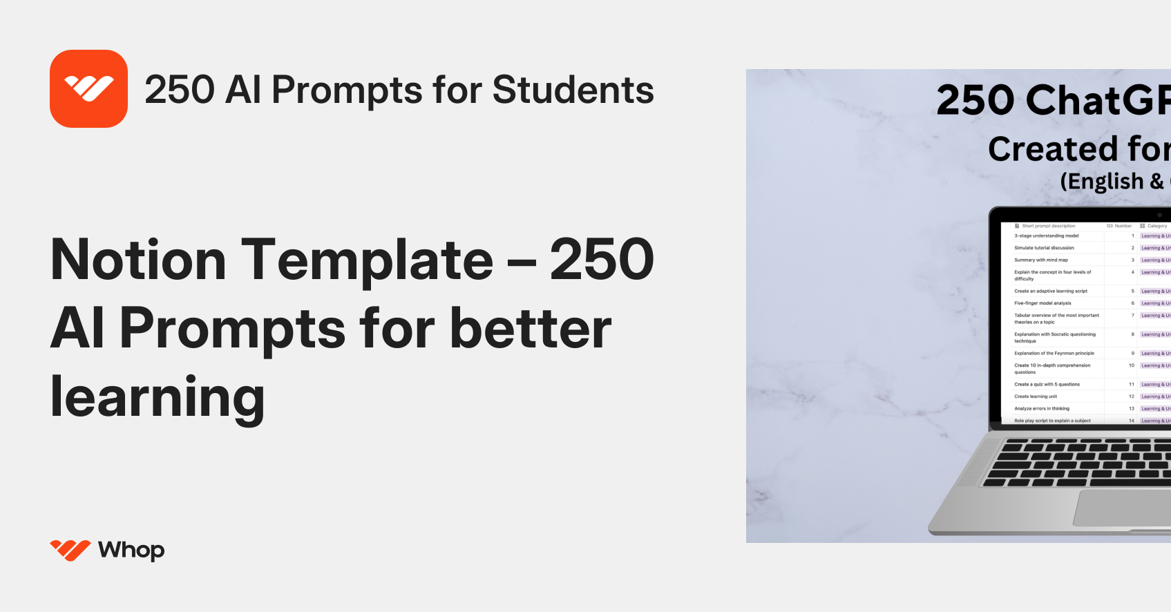 250 AI Prompts for Students | Whop
